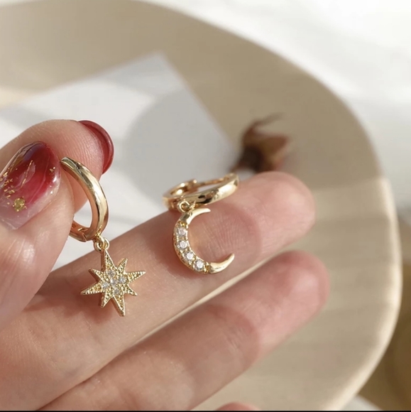 Jewelry | Moon And Star Minature Hoop Diamond Earrings | Poshmark